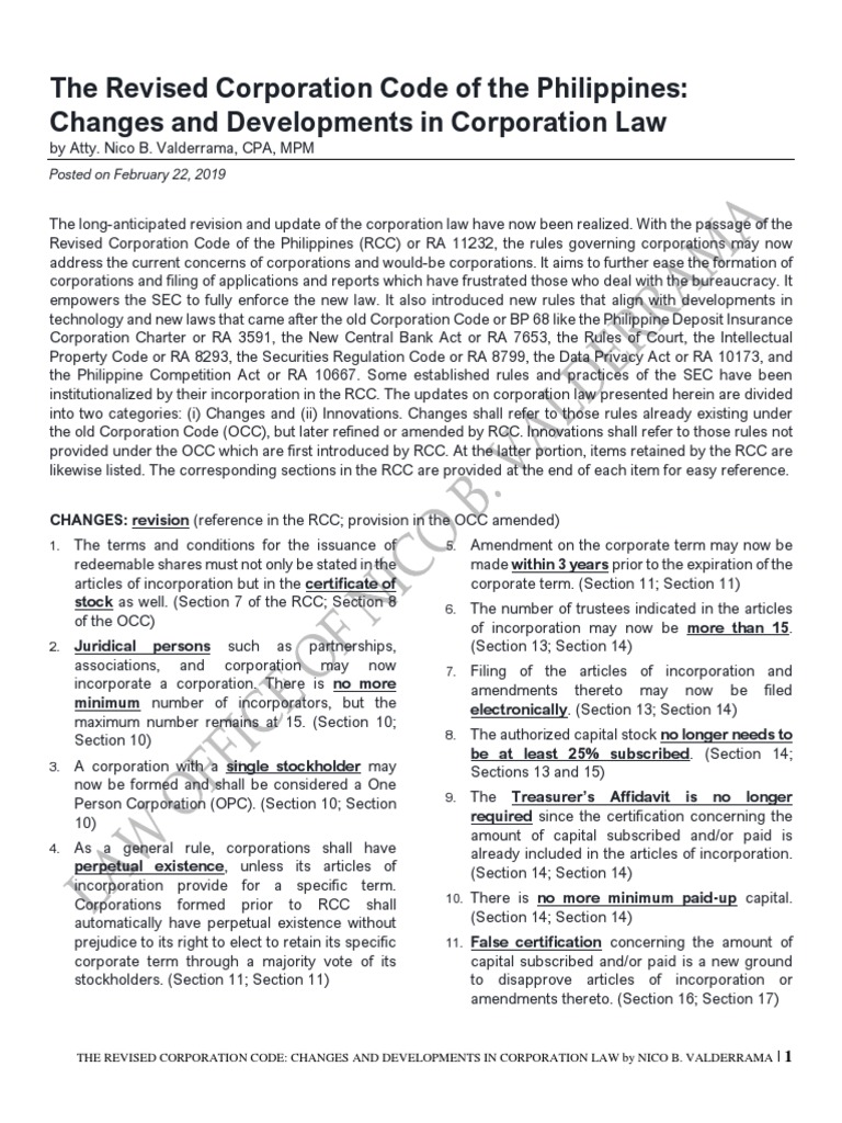 The Revised Corporation Code of The Philippines Changes and ...
