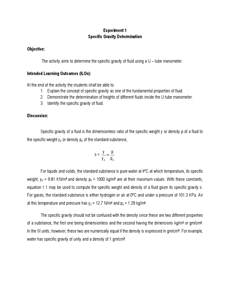 Experiment 1 Specific Gravity Determination Objective:: P P y y | PDF ...