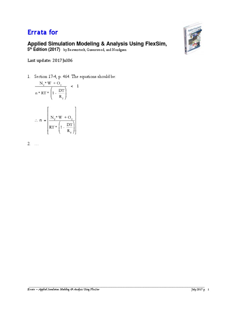 Errata For Applied Simulation Modeling And Analysis Using Flexsim Pdf Science Software