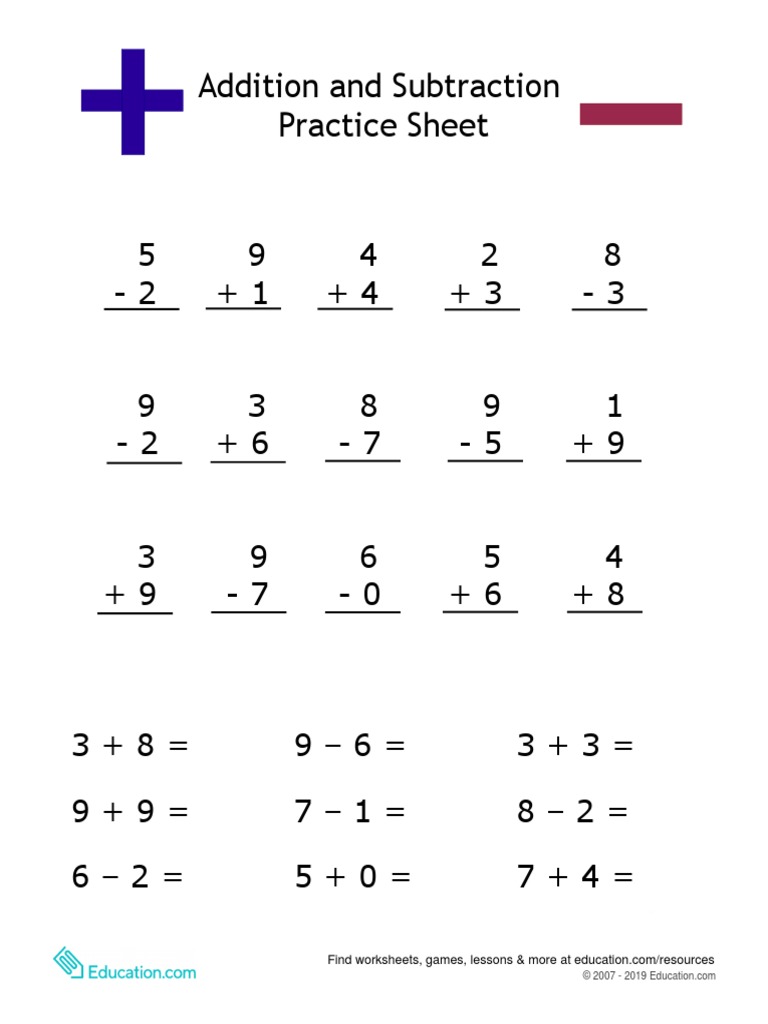 Addition and Subtraction Practice Sheet: Created by | PDF