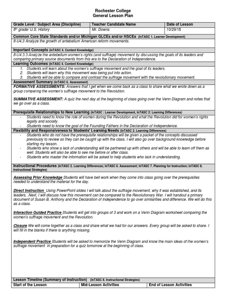 8th Grade Women's Suffrage Lesson Plan | PDF | Educational Assessment ...