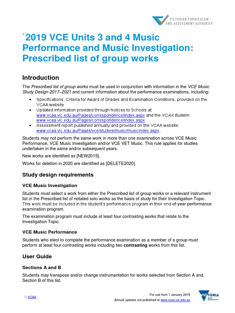 VCE Music Prescribed List Group Works Units 3-4 2019 | PDF | Sheet ...