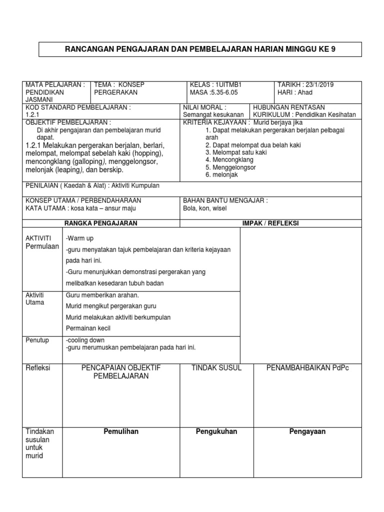 rph pendidikan jasmani tahun 4 2019 - Sam Baker