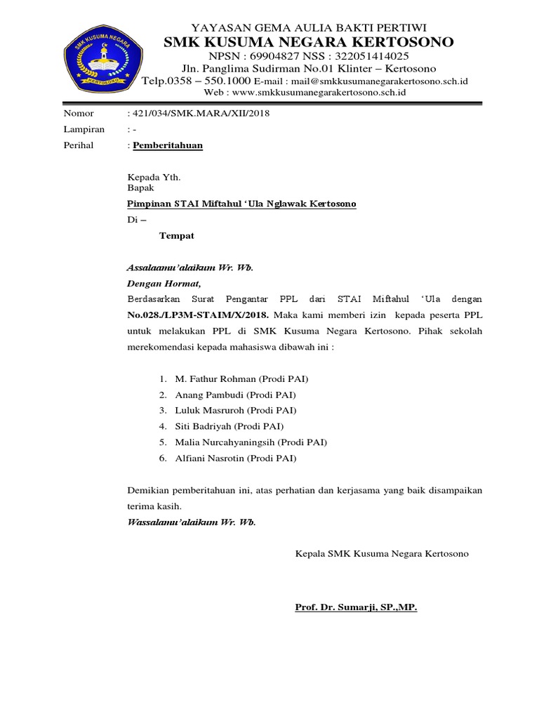 Contoh Surat Balasan PPL | PDF