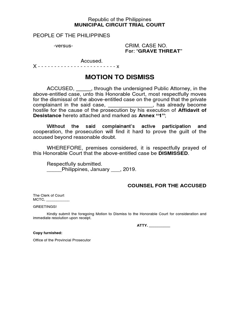 Sample Motion To Dismiss Desistance | PDF | Prosecutor | Misconduct