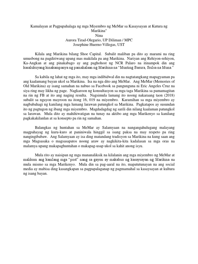 Kamalayan at Pagpapahalaga NG Mga Miyembro NG MeMar Sa Kasaysayan at ...