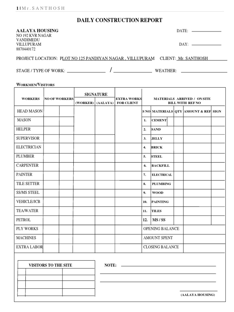 Daily Construction Report for Santhosh | PDF | Masonry | Plumbing
