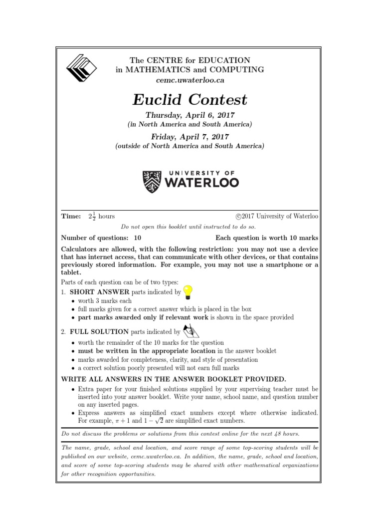 Euclid Contest: The Centre For Education in Mathematics and Computing ...