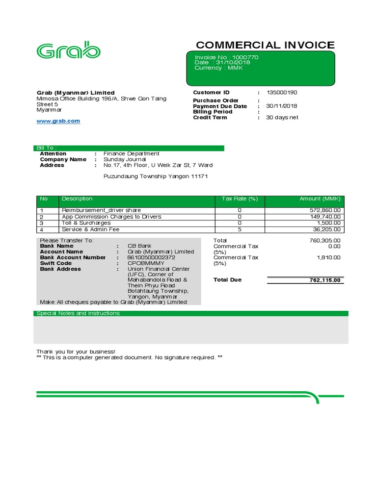 Commercial Invoice: Grab (Myanmar) Limited | PDF | Invoice | Financial ...