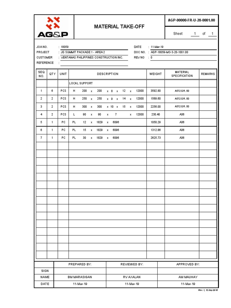 Material Take-Off: Weight SEQ NO. QTY Unit Description | PDF