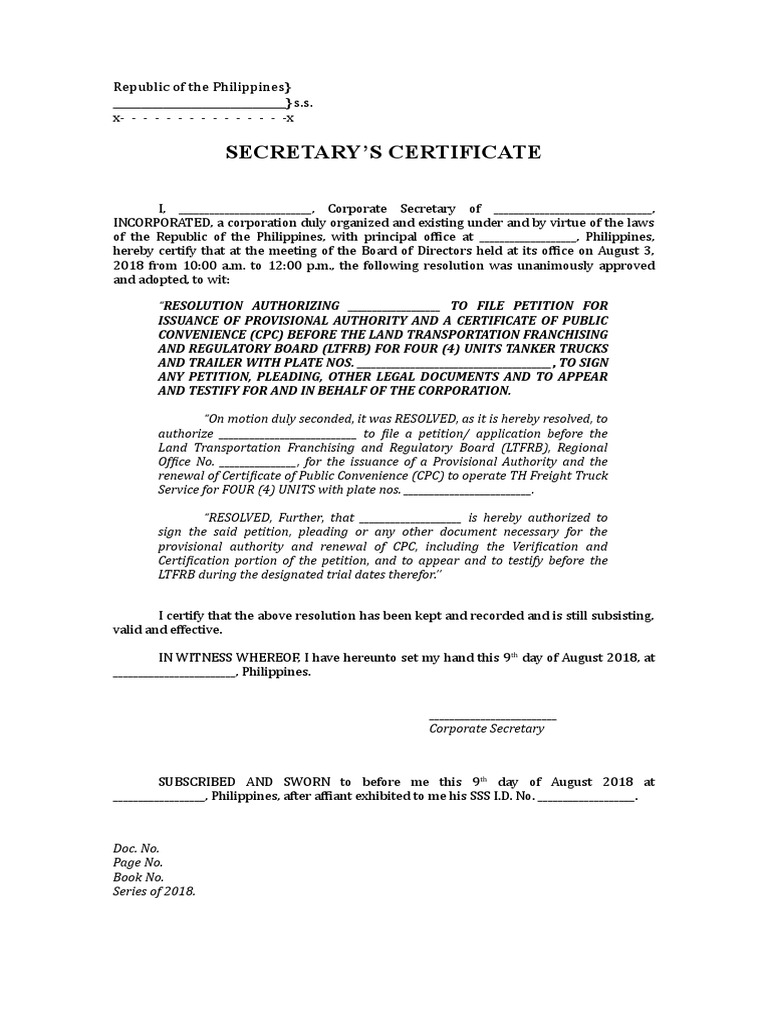 Secretary's Certificate - LTFRB New CPC | PDF | Social Institutions ...