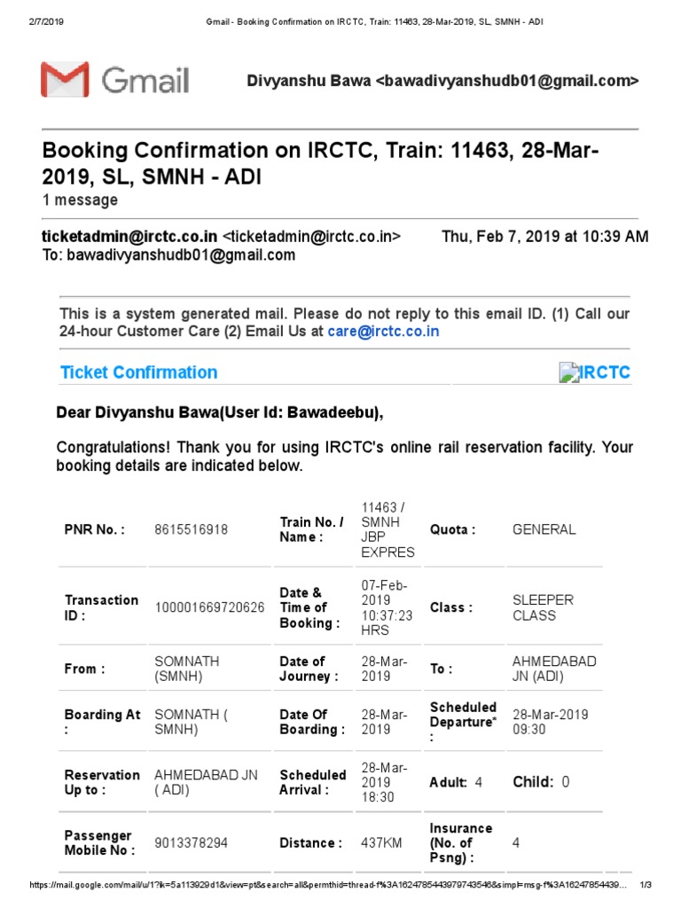 Gmail - Booking Confirmation On IRCTC, Train - 11463, 28-Mar-2019, SL, SMNH - ADI | Download ...