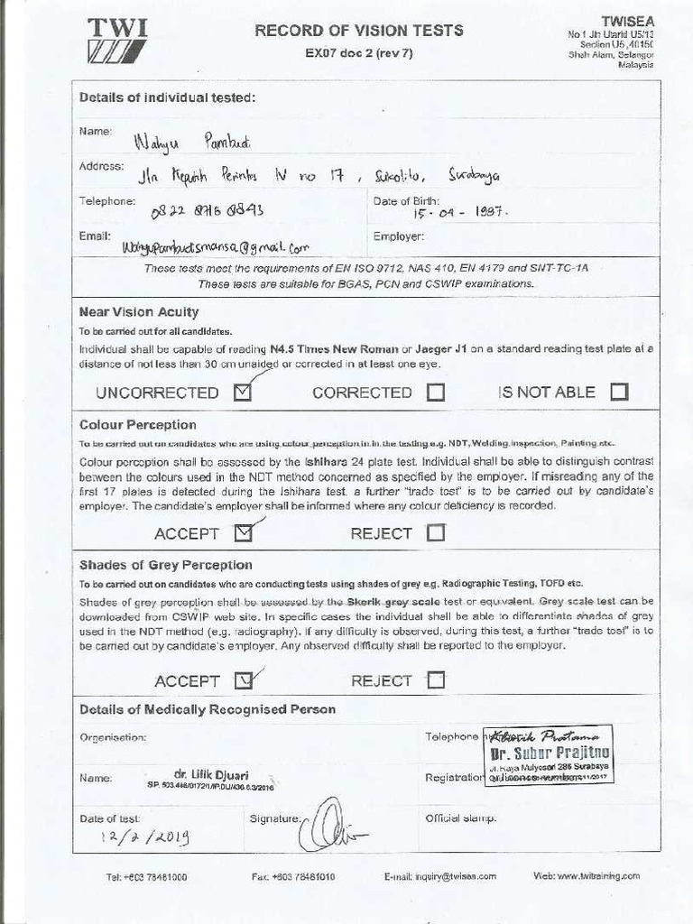 Visual Testing Form PDF | PDF