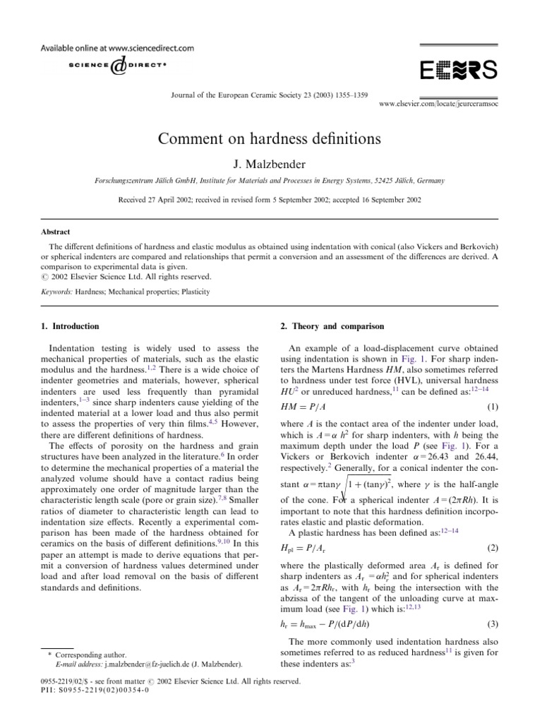 Hardness Definitions in Indentation | PDF | Hardness | Deformation ...