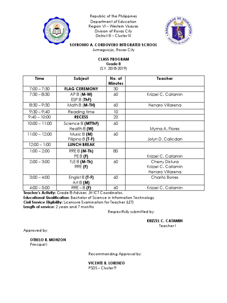 Grade 8 Class Program | PDF | Qualifications | Academia