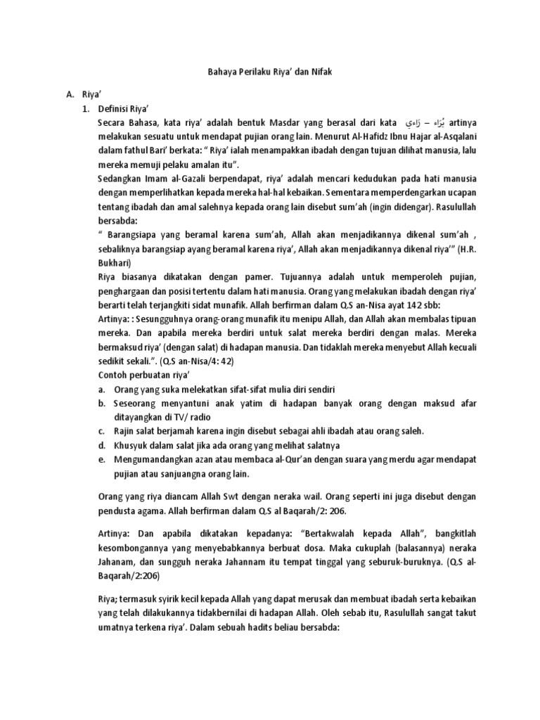 Materi Bahaya Perilaku Riya Dan Nifak | PDF