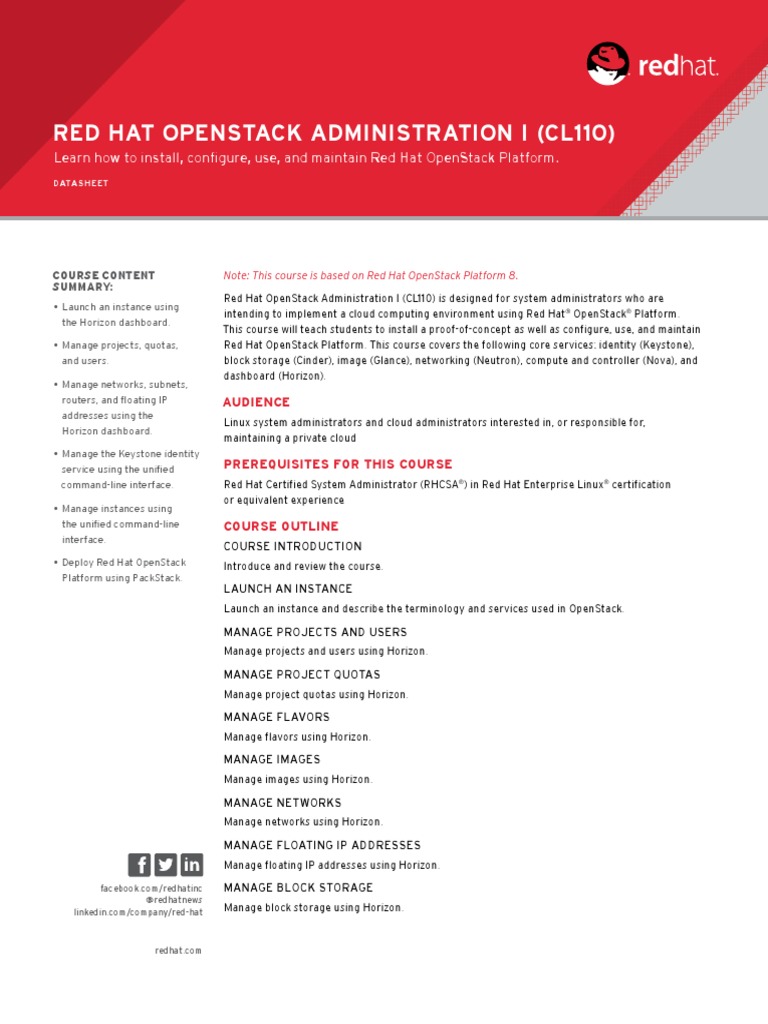RED HAT OPENSTACK ADMINISTRATION I (CL110) - Datasheet PDF | PDF | Business