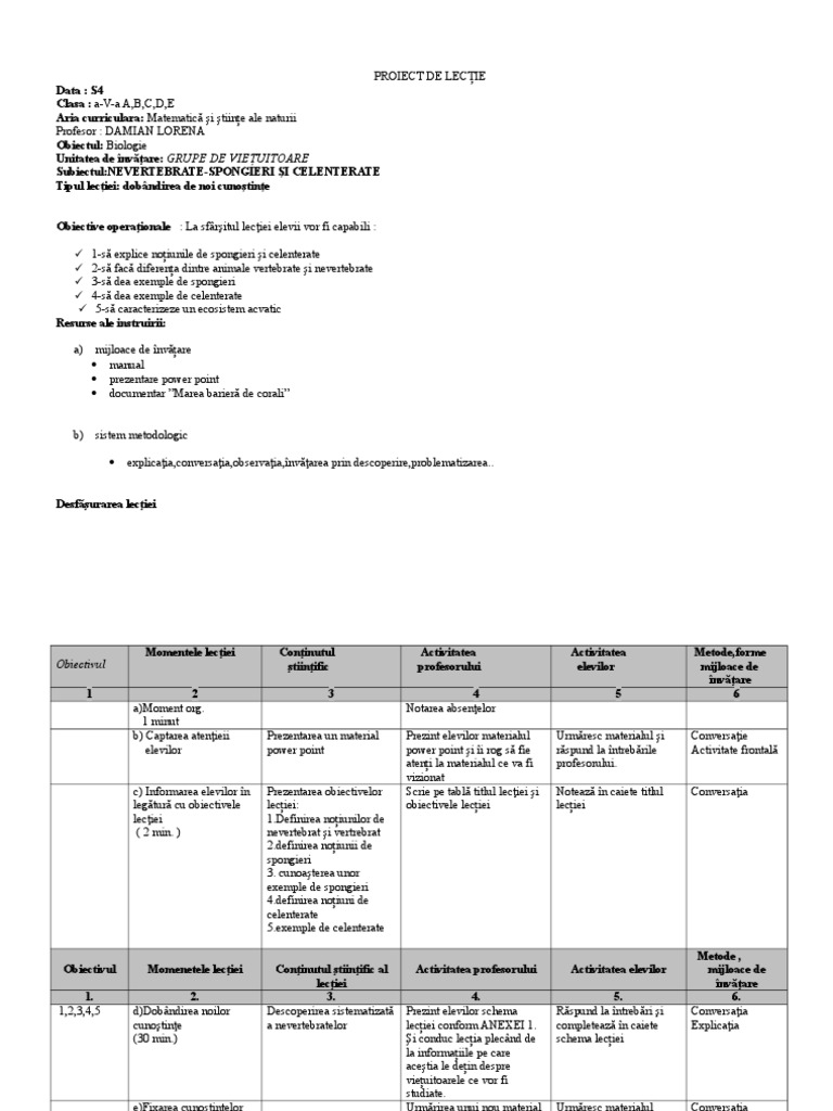 Proiect de Lectie Spongieri | PDF