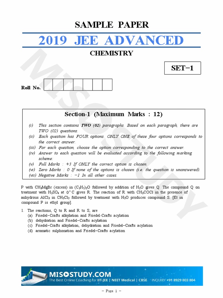 2019 JEE Advanced Chemistry Sample Paper | PDF | Chlorine | Chemistry