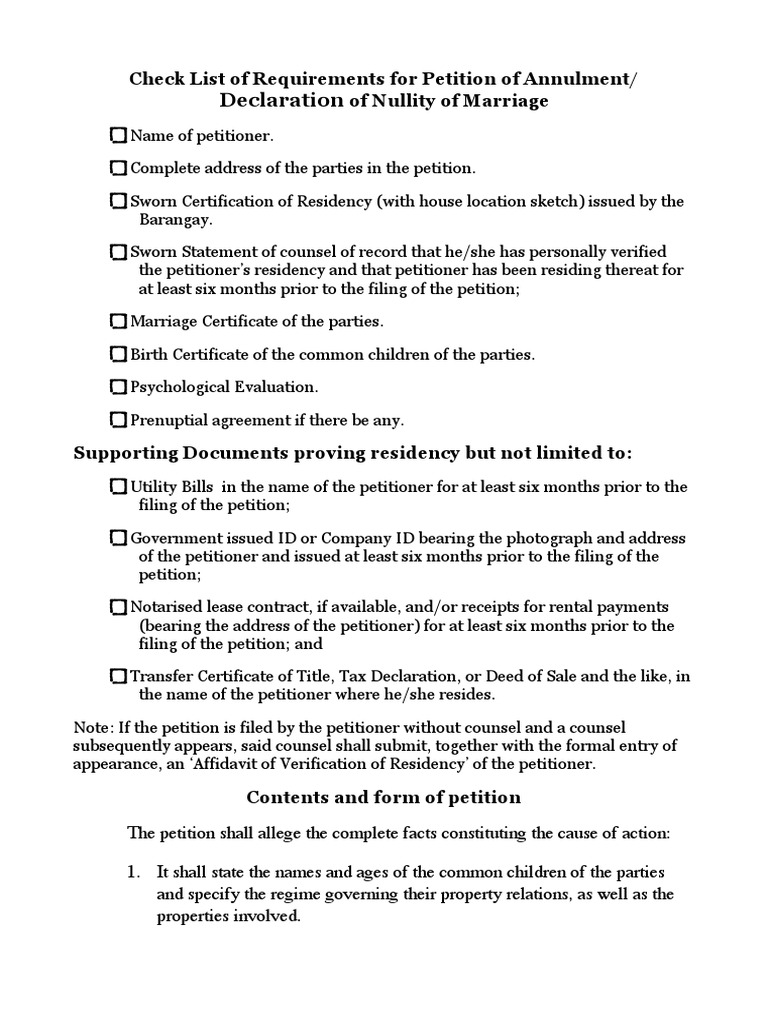 Declaration: Check List of Requirements For Petition of Annulment/ of ...