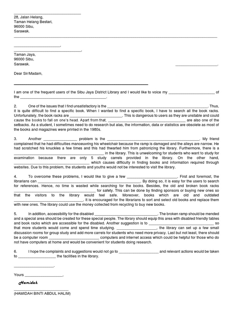 Formal Letter Unsatisfactory Facilities at The Library | PDF ...