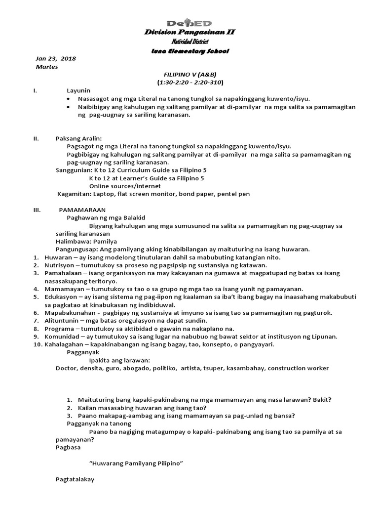 6 Jan 23 Lesson Plan Filipino 5 Jan 23, 2018 | PDF