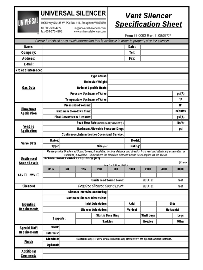 Vent Silencer Specification Sheet | PDF | Flow Measurement | Valve