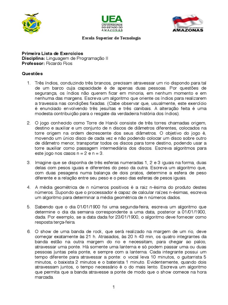 01 - LP2 - Primeira Lista de Exercicios PDF | PDF | Algoritmos | Número primo