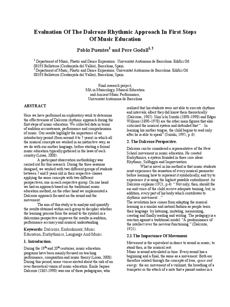 Evaluation of The Dalcroze Rhythmic Approach in First Steps of Music ...