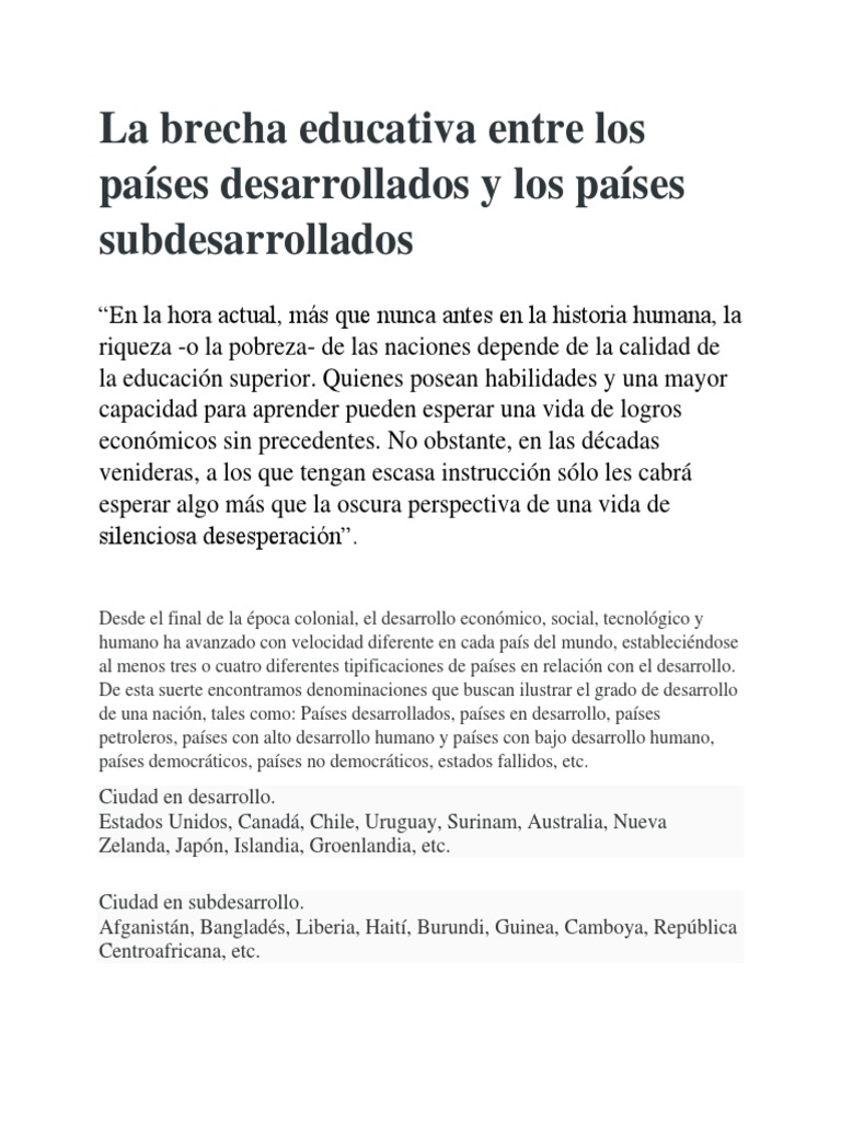 La Brecha Educativa Entre Los Países Desarrollados y Los Países ...