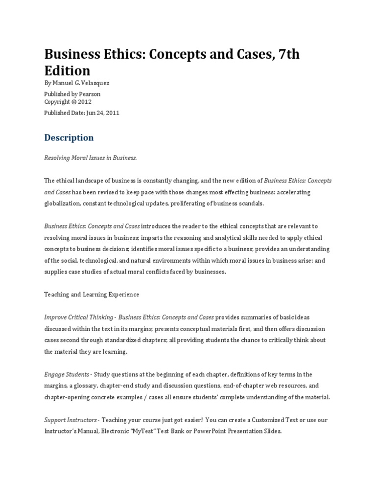 Business Ethics- Concepts and Cases, 7th Edition (Table of Contents ...