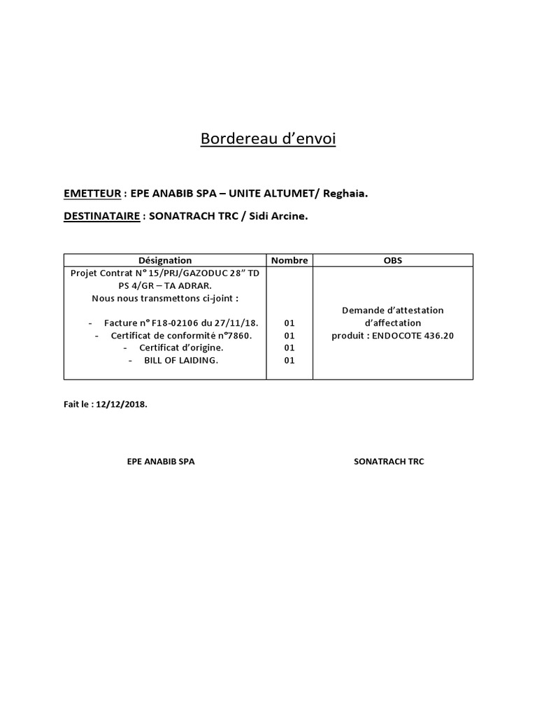 Bordereau d'envoi EPE ANABIB SPA | PDF | Finance et gestion monétaire