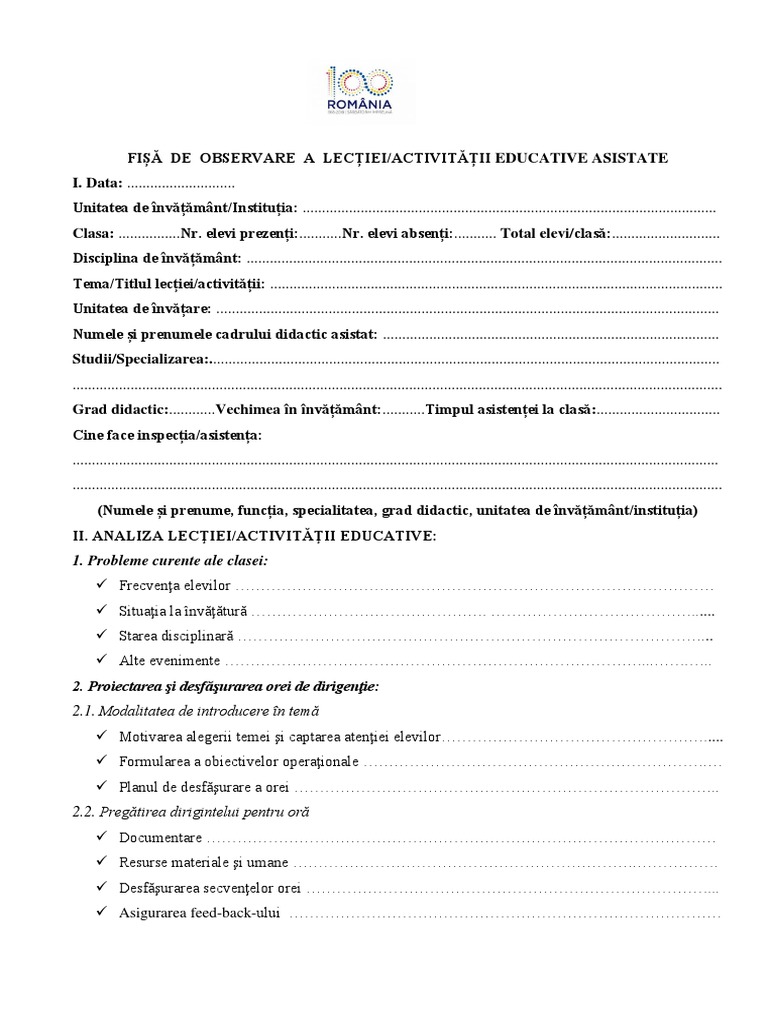 Fisa de Observare Lectie - Evaluare | PDF