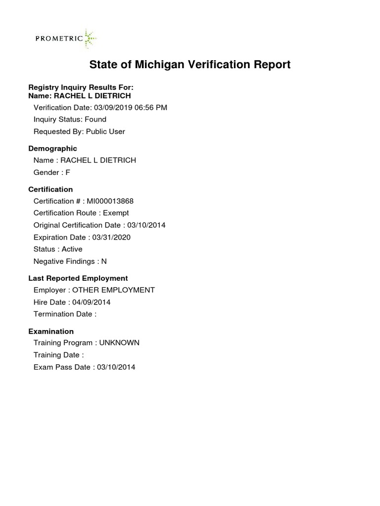 State of Michigan Verification Report: Registry Inquiry Results For ...