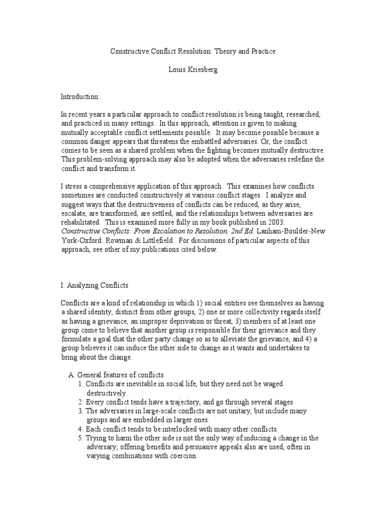 Kriesberg Constructive Conflicte Resolution | PDF | Conflict Resolution ...