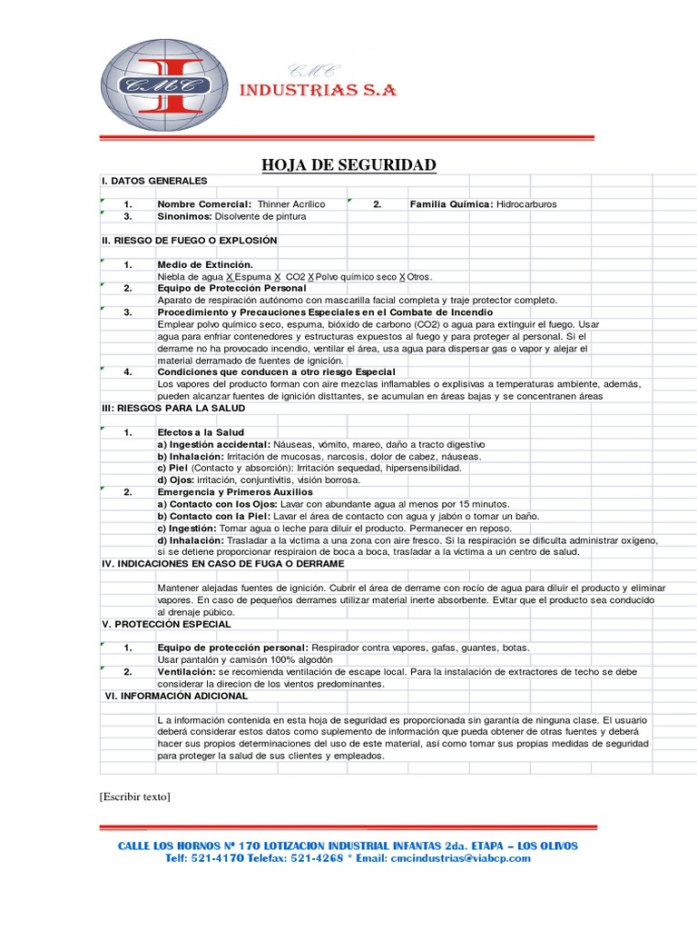 Msds Thinner Acrilico CMC | PDF | Química | Naturaleza