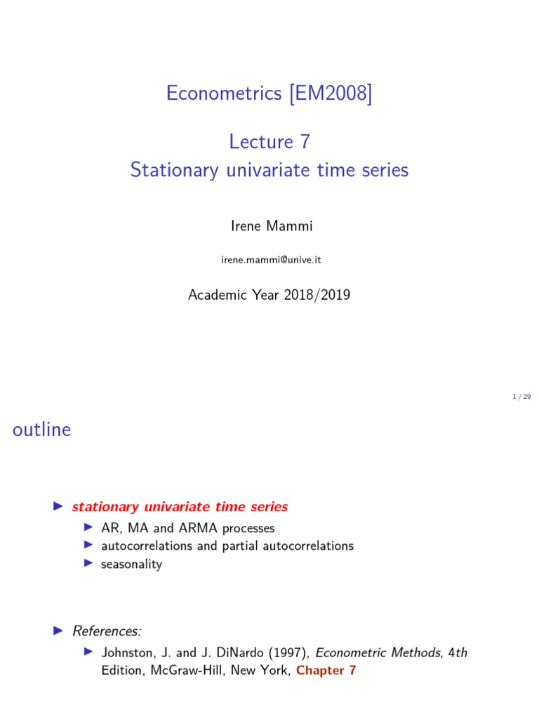 Econometrics (EM2008) Stationary Univariate Time Series: Irene Mammi | PDF | Autoregressive ...