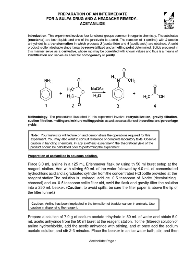 Preparation of An Intermediate For A Sulfa Drug and A Headache Remedy - Acetanilide | PDF ...