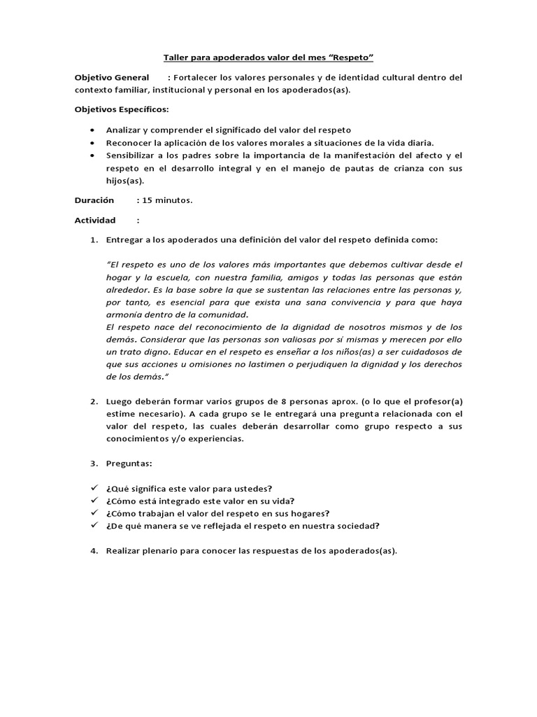 Taller para Apoderados Valor Del Mes Rspeto 2019 | PDF