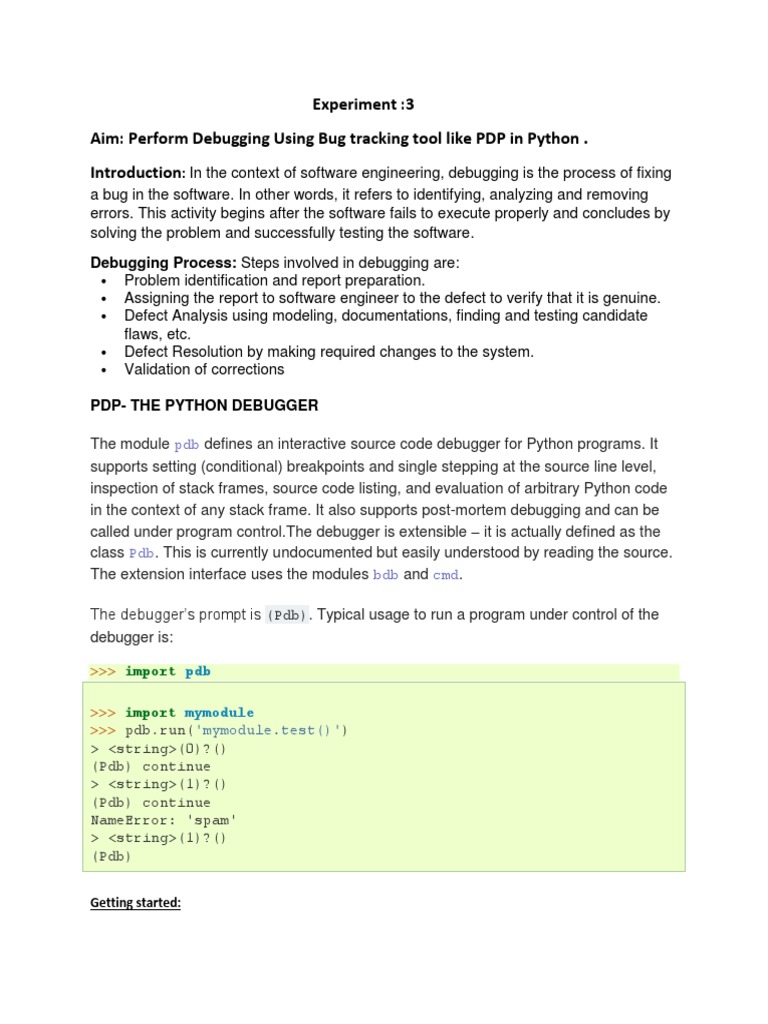 Aim: Perform Debugging Using Bug Tracking Tool Like PDP in Python | PDF | Software Bug | Debugging