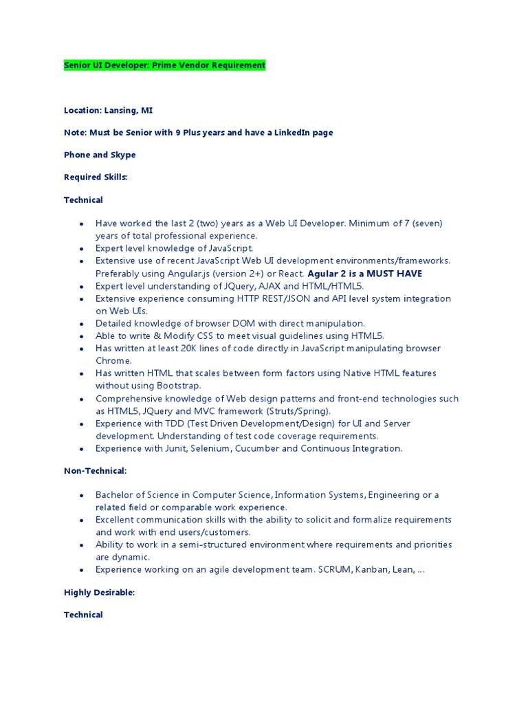 Senior UI Developer: Prime Vendor Requirement | PDF | Java Script | J Query