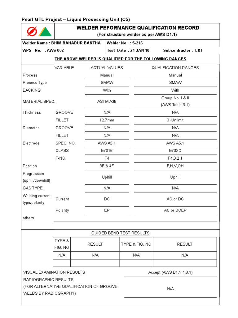 Welder Peformance Qualification Record: Pearl GTL Project - Liquid ...