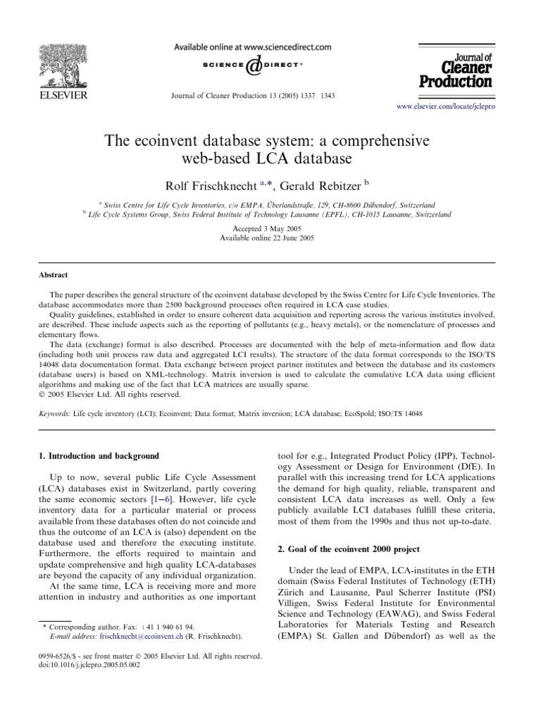 2005 Ecoinvent LCA Data Base | PDF | Life Cycle Assessment | Volatile Organic Compound