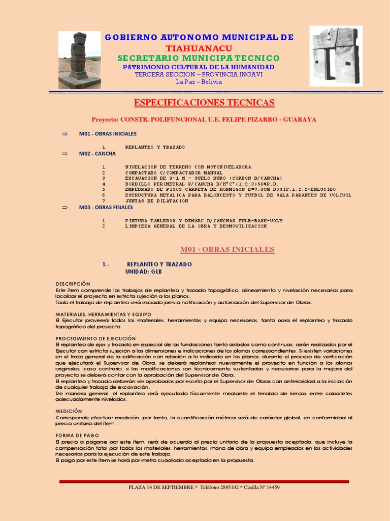 Especificación Técnica - Proyecto Constr. Polifuncional U.E. Felipe Pizarro - Guaraya | PDF ...