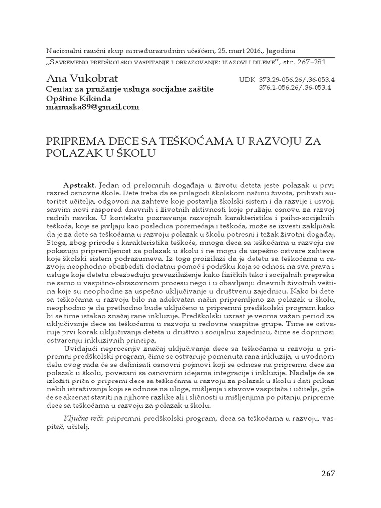 Ana Vukobrat Priprema Dece Sa Teškoćama U Razvoju Za Polazak U Školu | PDF