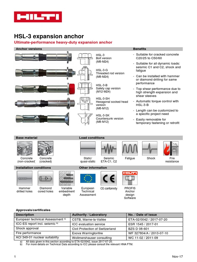 Technical Data Sheet For The HSL 3 Heavy Duty Anchor | PDF | Screw | Drill