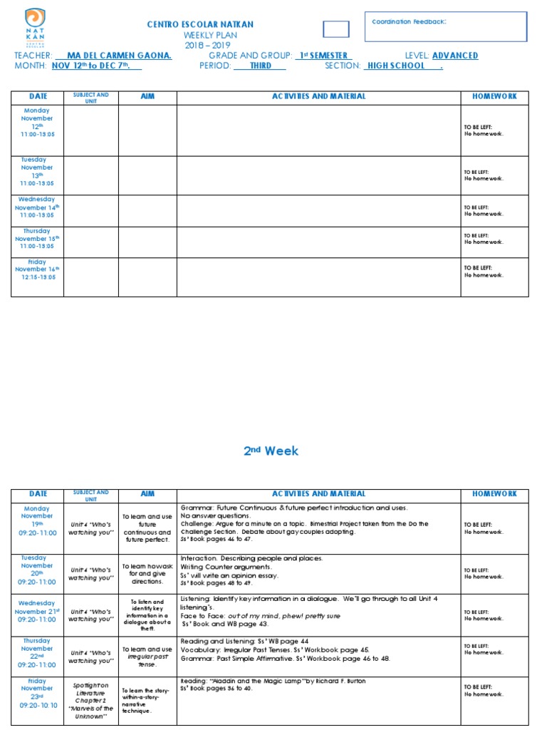Advanced High School Weekly Plan | PDF | Books | Linguistics
