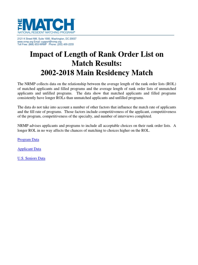 Impact of Length of Rank Order List On Match Results 2018 Main Match ...