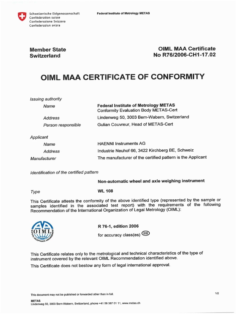 Oiml Maa Certificate of Conformity: Mem Ber State Switzerland OIML MAA ...