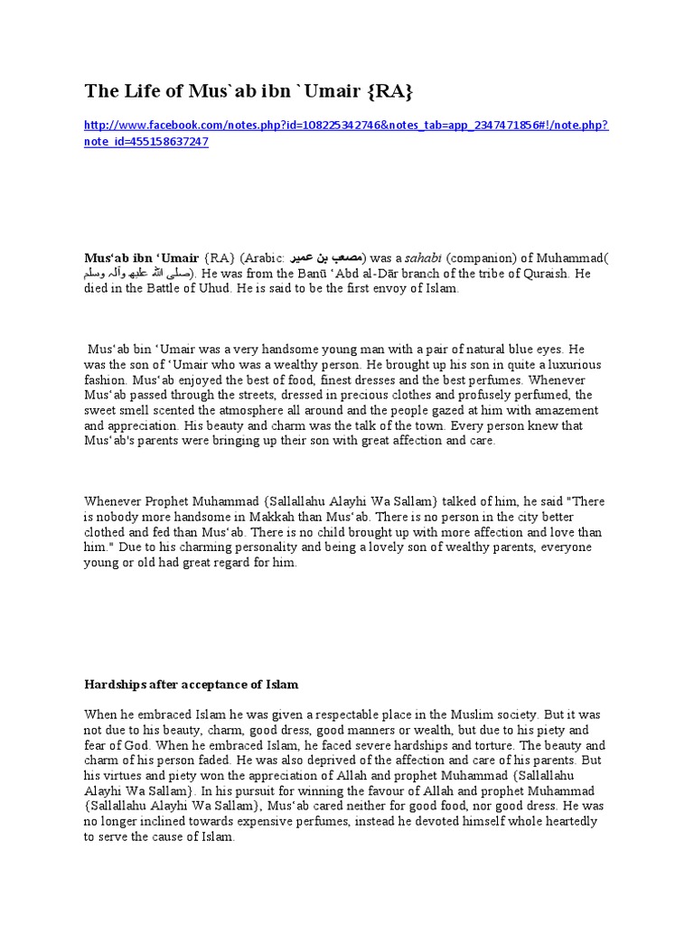 The Life of Mus'Ab Ibn 'Umair (RA) | PDF | Muhammad | Abrahamic Religions